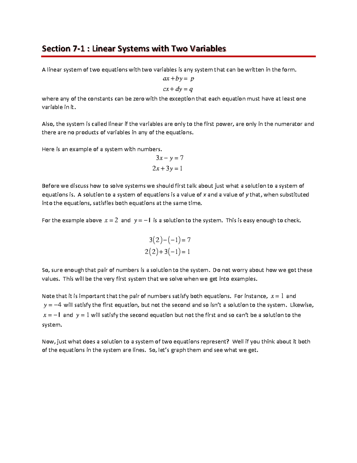 Solving Linear Equations with Two Variables - Section 7-1 : Linear ...
