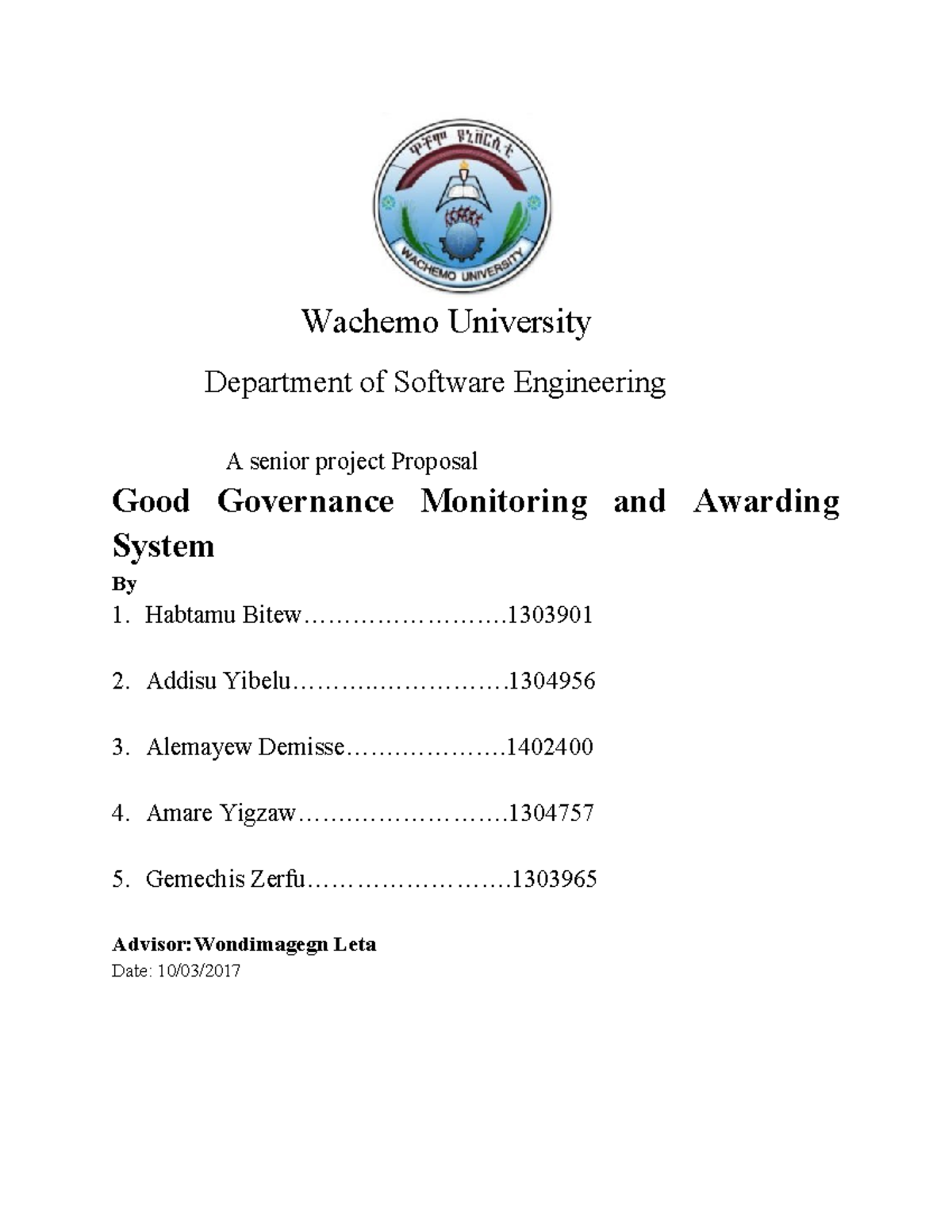 Proposalgov - proposal - Wachemo University Department of Software Engineering A senior project ...