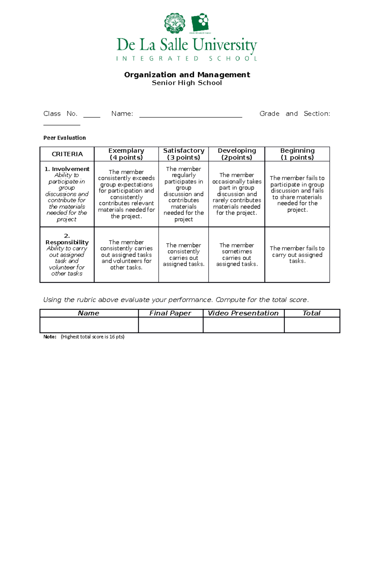 Self Evaluation and Lecture Notes - Organization and Management Senior ...