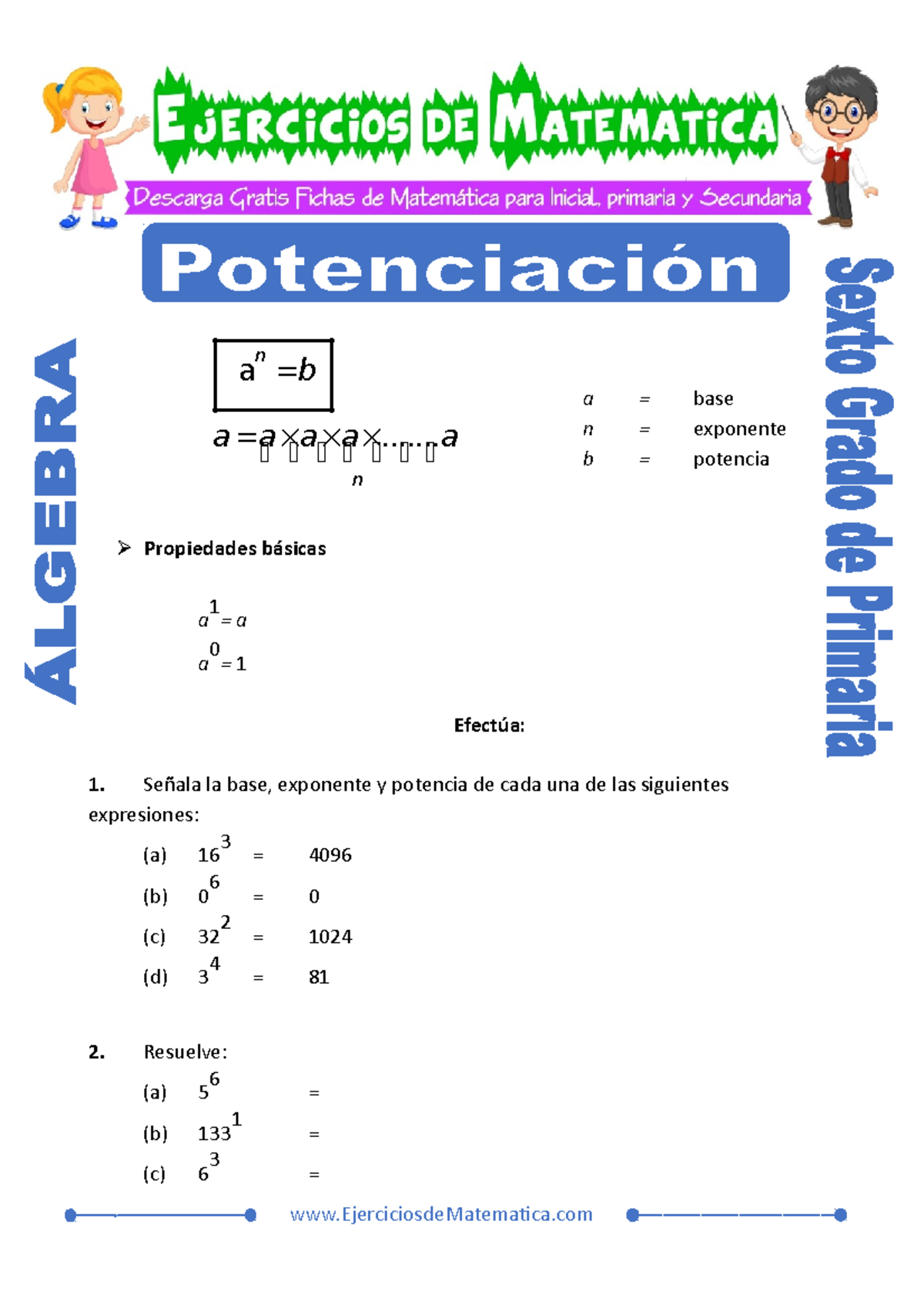 Ejercicios de Potenciacion para Sexto de Primaria - a = base n ...