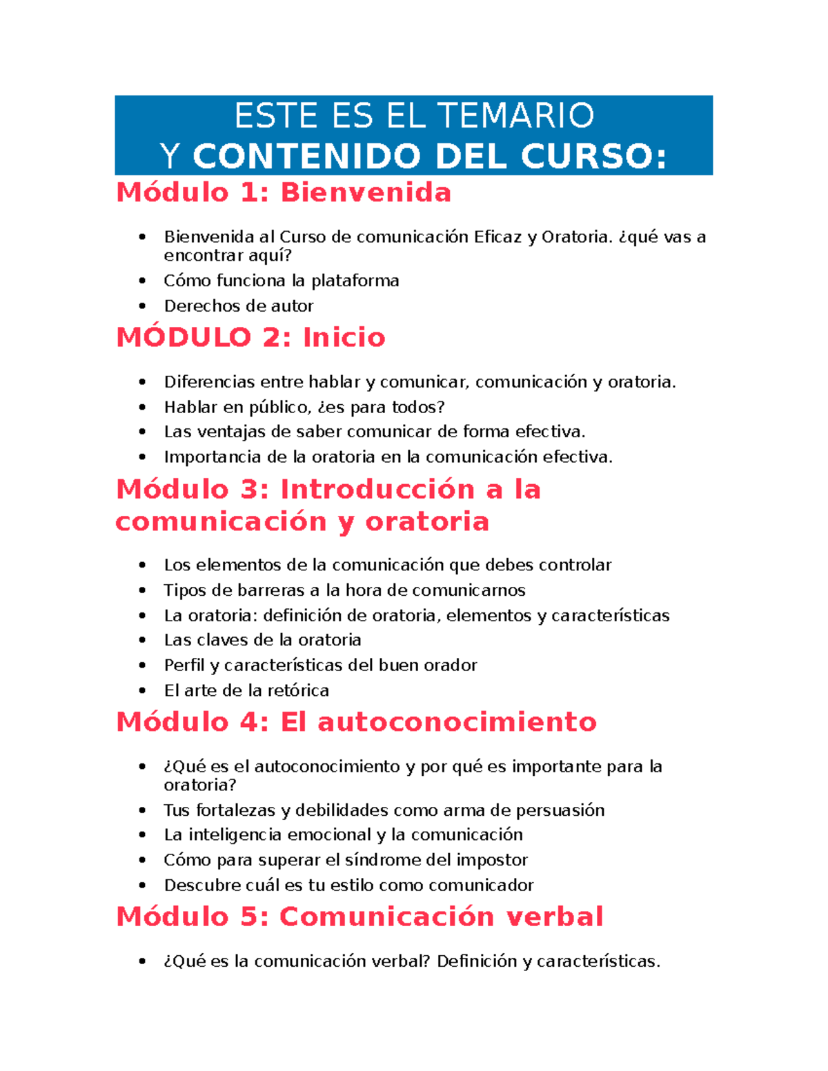 Temario Curso de Oratoriaa - ESTE ES EL TEMARIO Y CONTENIDO DEL CURSO ...