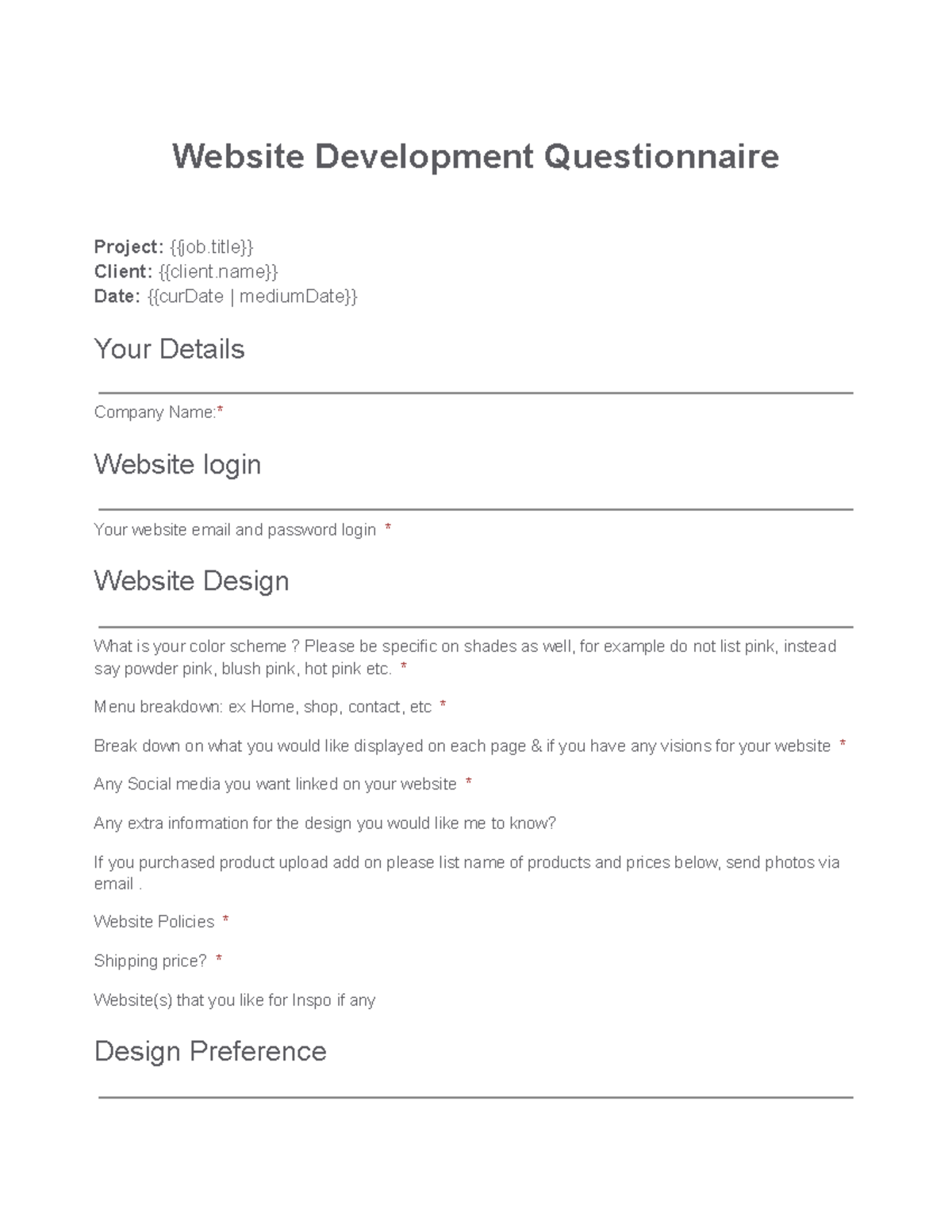 Website Development Questionnaire - Website Development Questionnaire ...