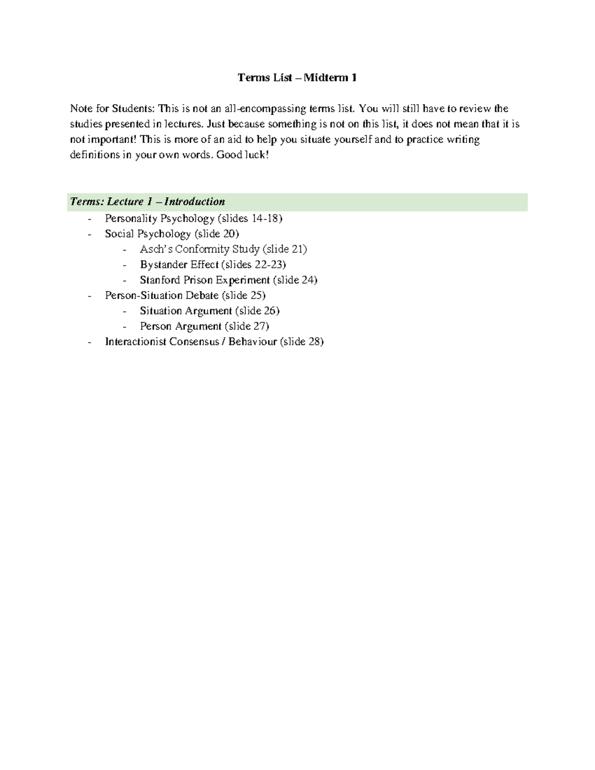 Midterm 1 Key Terms - notes - Terms List – Midterm 1 Note for Students ...