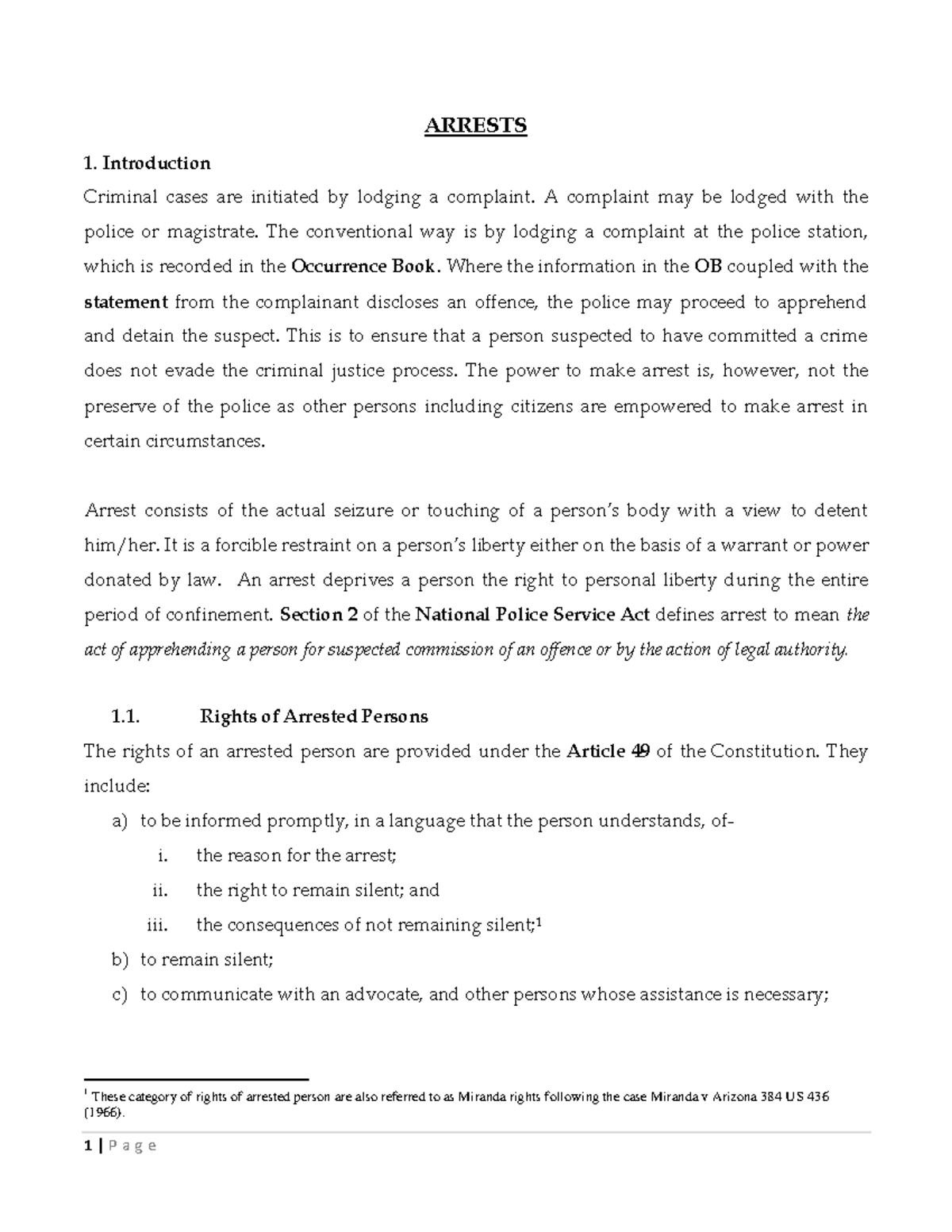 Lesson 2 - Arrests Notes - ARRESTS Introduction Criminal cases are ...