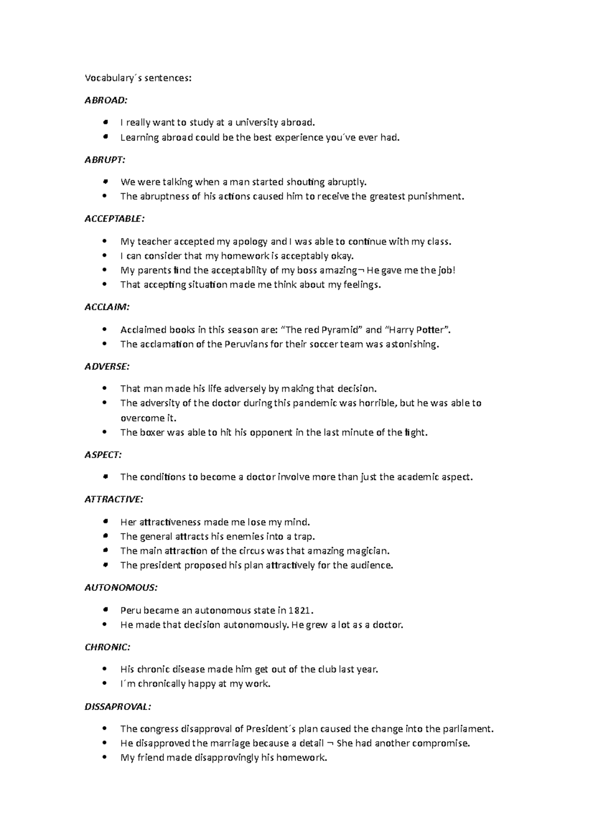 Luis Vocabulary - cdcdcdcdc - Vocabulary ́s sentences: ABROAD: I really ...