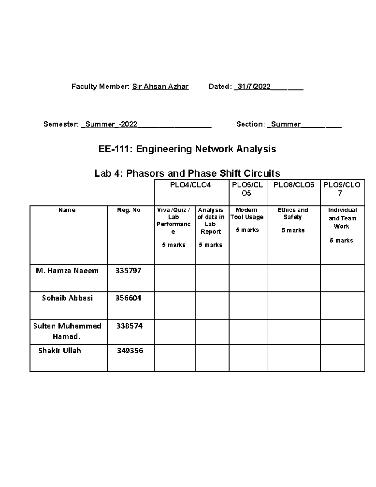 LAB3 ENA - its slides! - Department of Electrical Engineering Faculty Member: Sir Ahsan Azhar ...