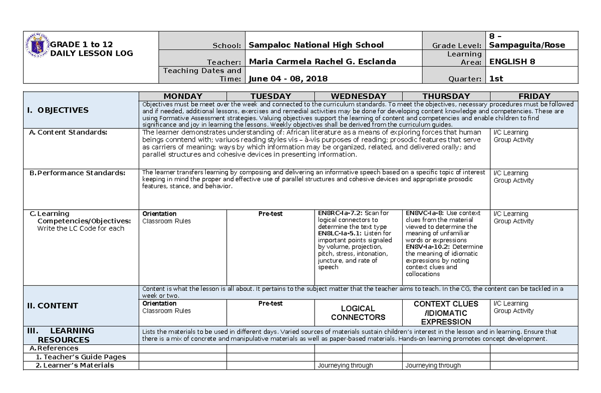 502324010 DLL Eng 8 Q1 W1 - GRADE 1 to 12 DAILY LESSON LOG School ...