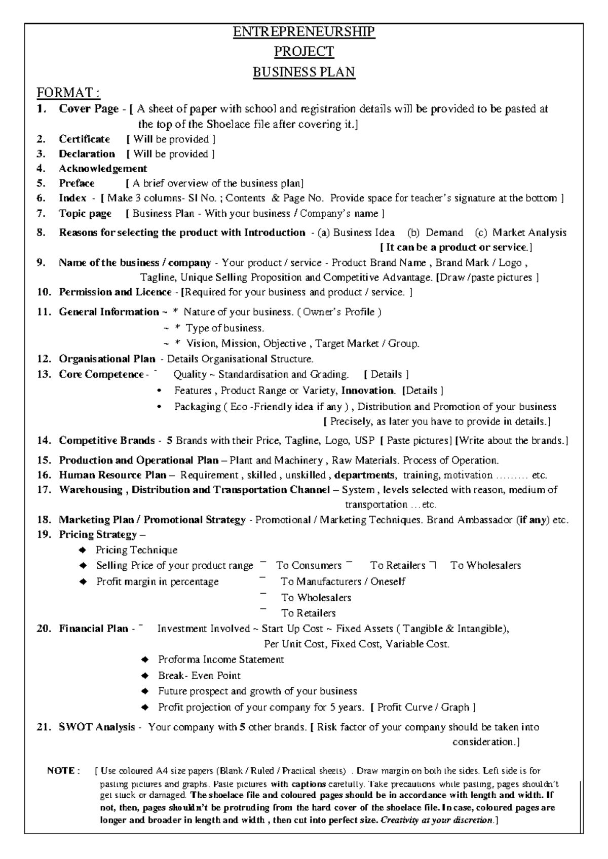 Entrepreneurship Project on Business Plan - ENTREPRENEURSHIP PROJECT ...