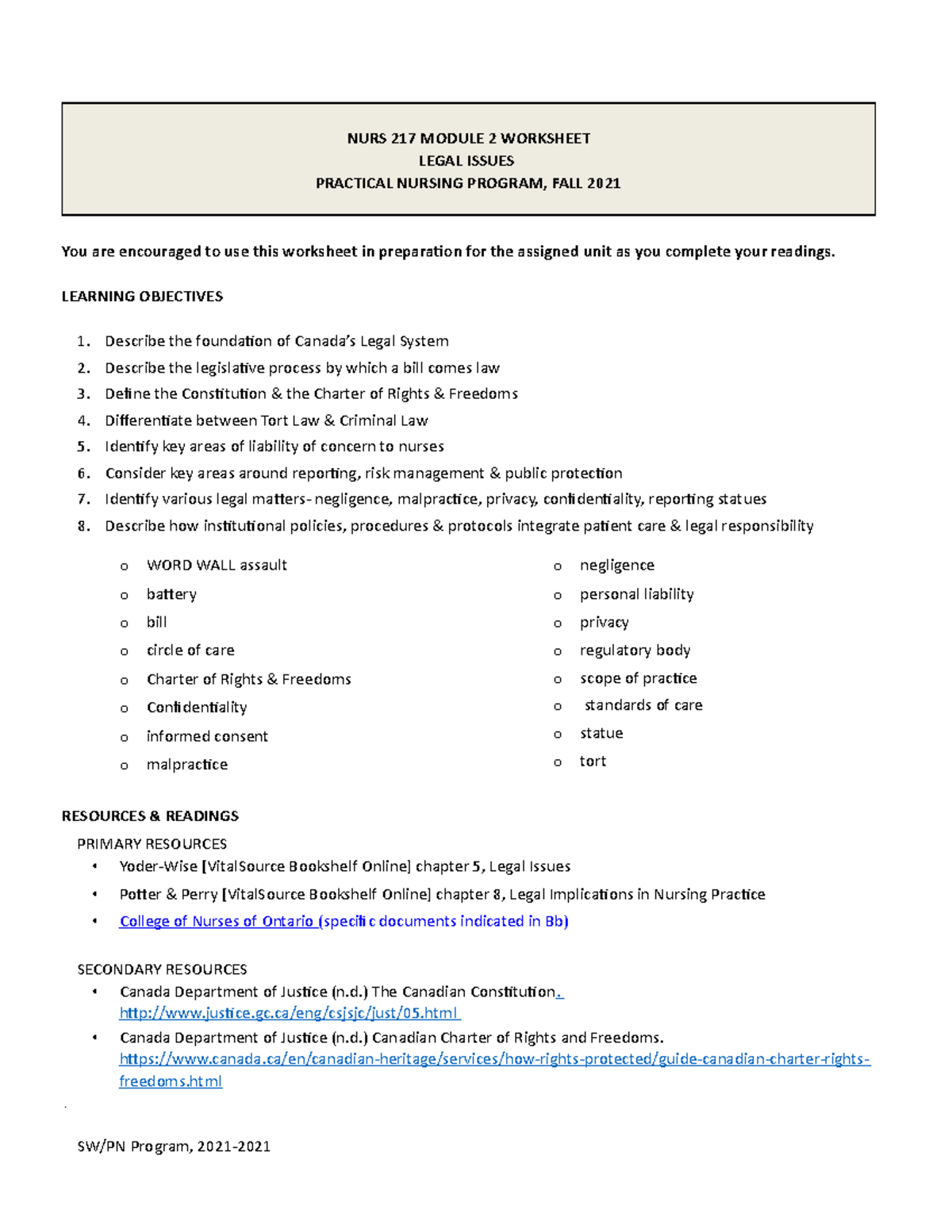 Unit 1B Worksheet (Legal) - NURS 217 MODULE 2 WORKSHEET LEGAL ISSUES ...