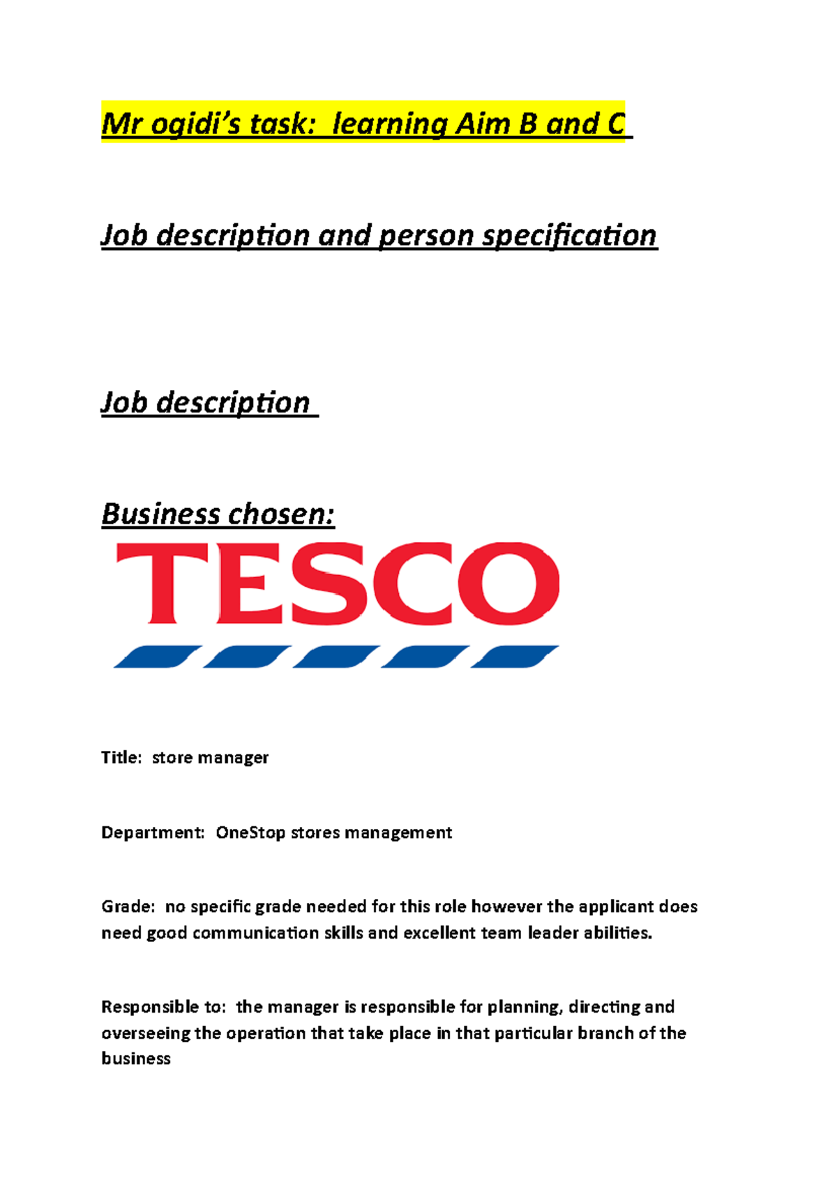 Job Description And Person Specification Responsible To The Manager