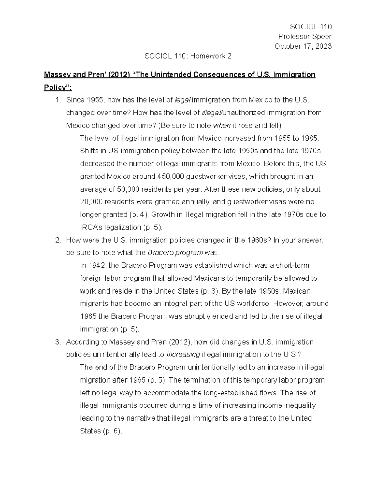 Sociol 110 Homework 2 - SOCIOL 110 Professor Speer October 17, 2023 ...