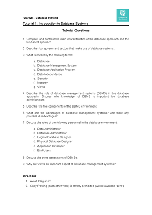 CN7028 Database Systems – Tutorial#4 Normalization Entity Relationship ...