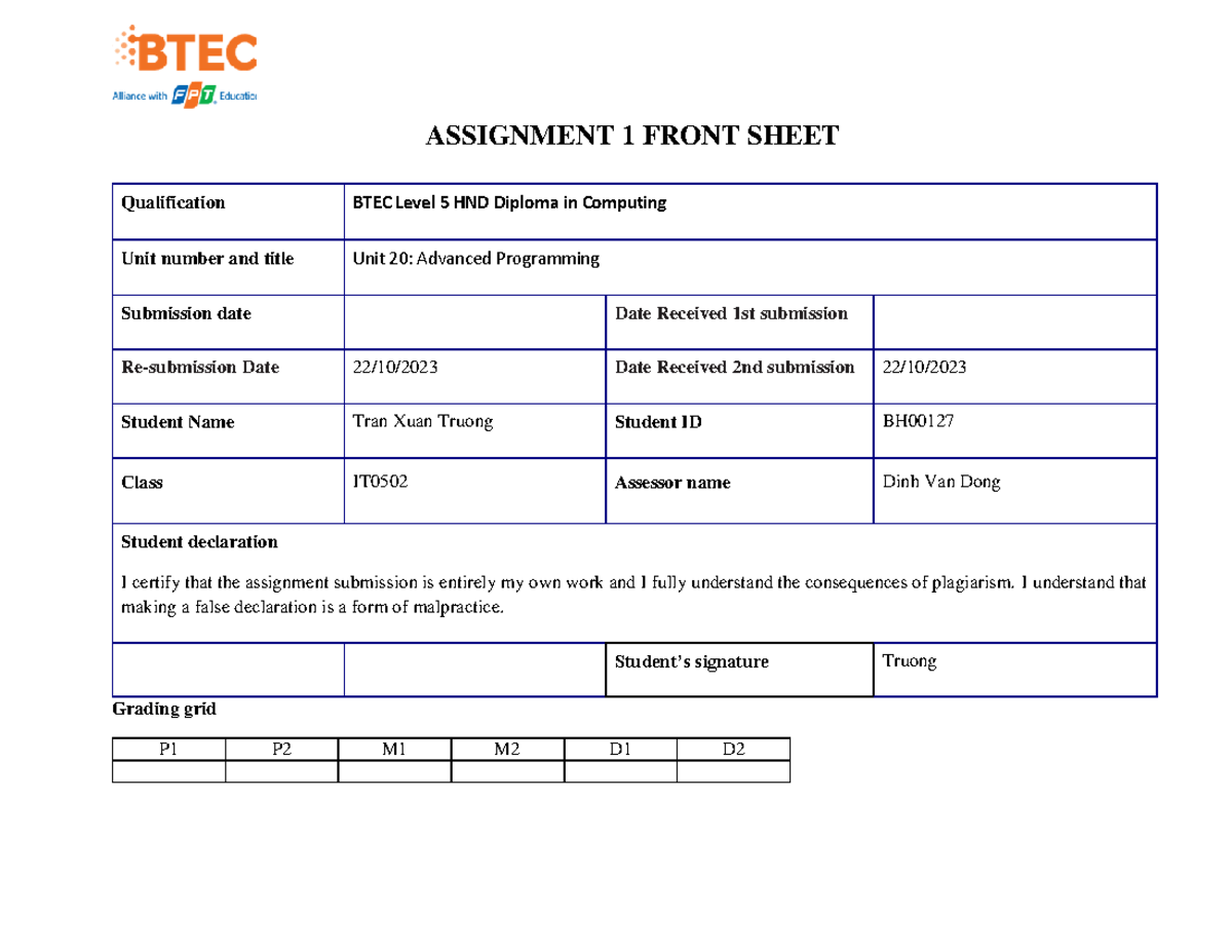 ASM1 2ND Group 4 Report Tranducluong BH00108 - ASSIGNMENT 1 FRONT SHEET Qualification BTEC Level ...