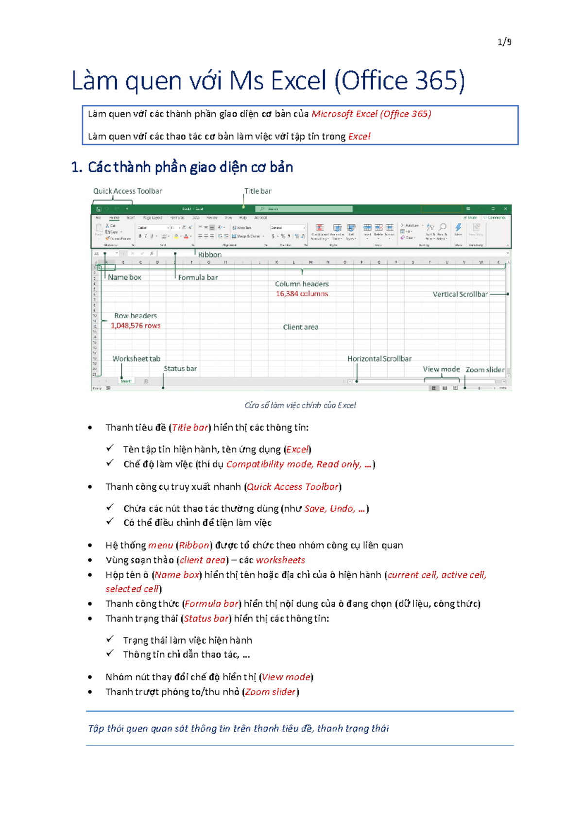 Excel 01 Lam quen voi Microsoft Excel - Làm quen với Ms Excel (Office 365) Làm quen với các ...