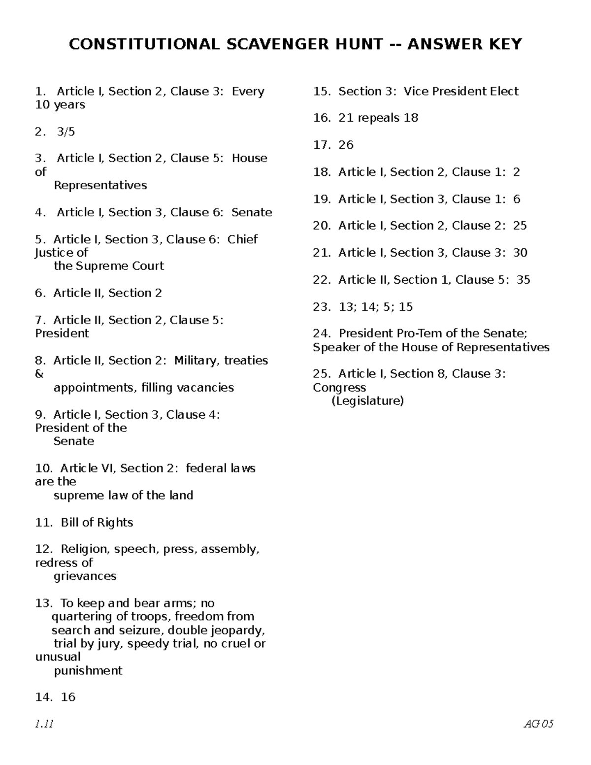 1 11 1 Constitutional Scavenger Hunt KEY CONSTITUTIONAL SCAVENGER