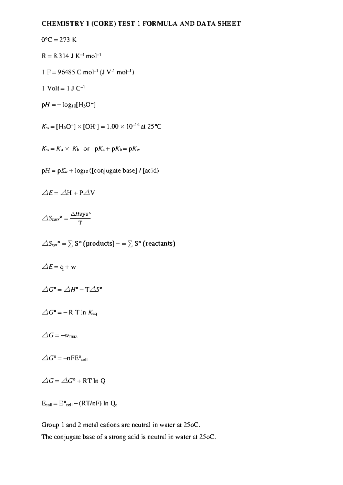 Mid-Semester Exam Formulas Document - CHEMISTRY 1 (CORE) TEST 1 FORMULA ...