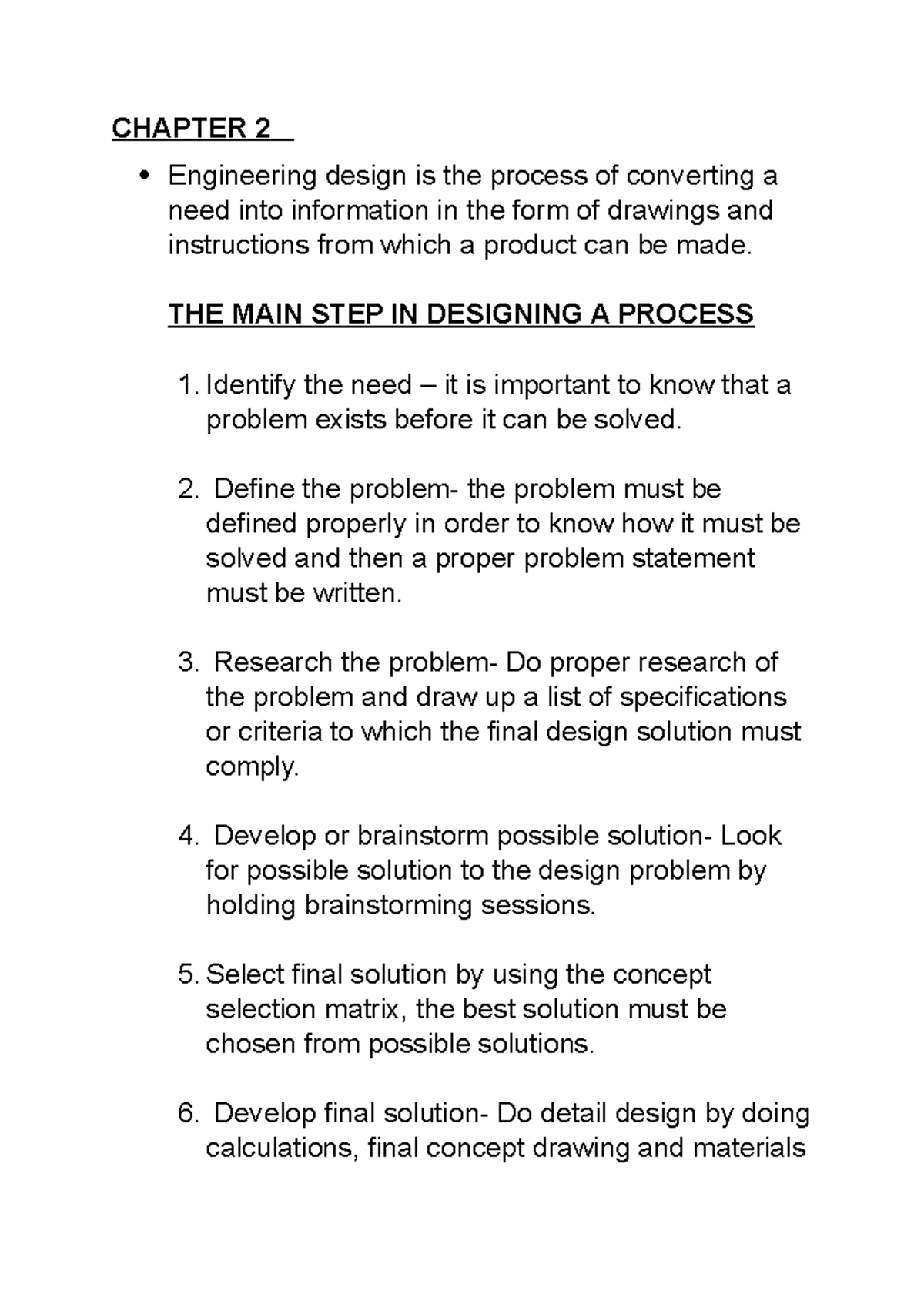 Chapter 2 PEP Notes - CHAPTER 2 Engineering design is the process of ...