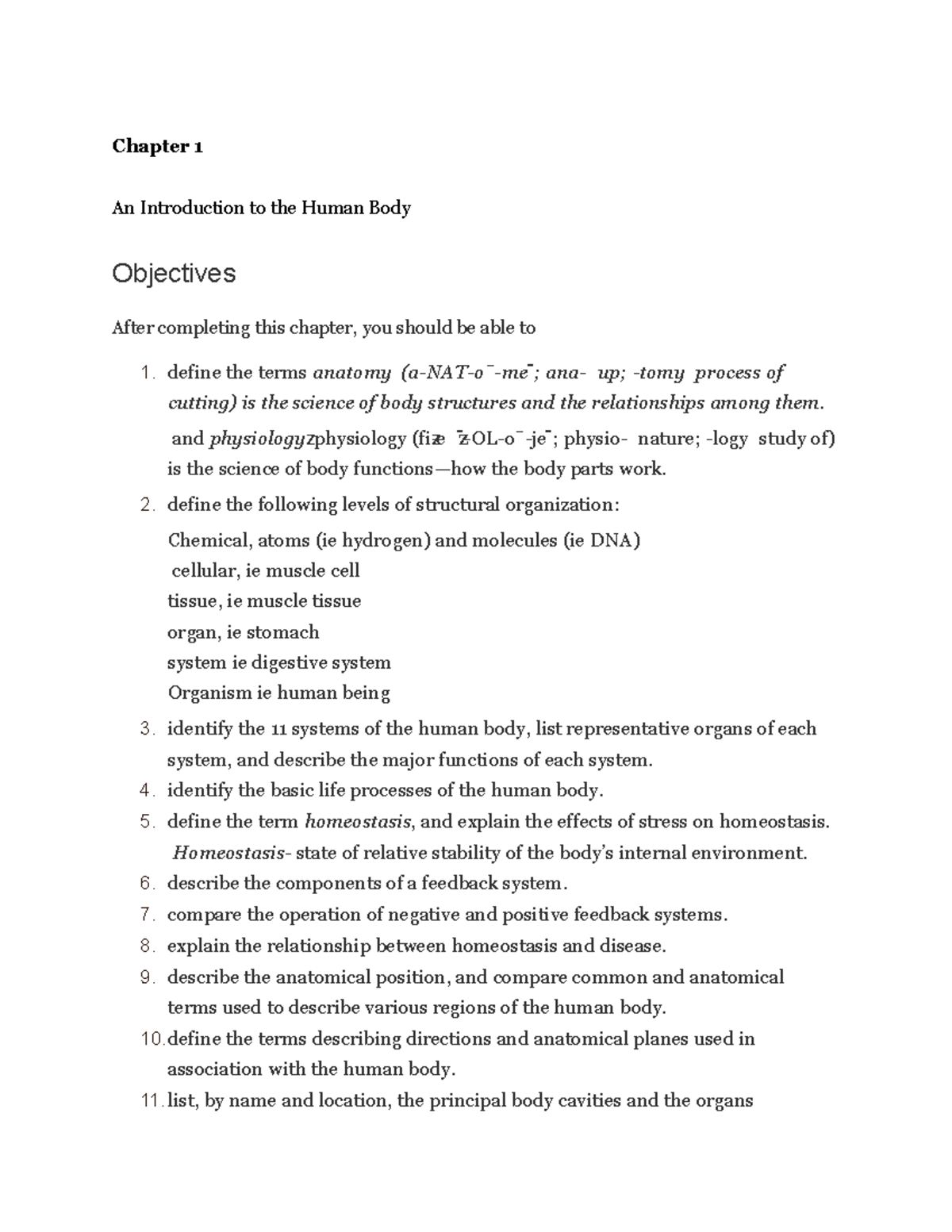 Biology 1-3 - Chapter 1 An Introduction to the Human Body Objectives ...