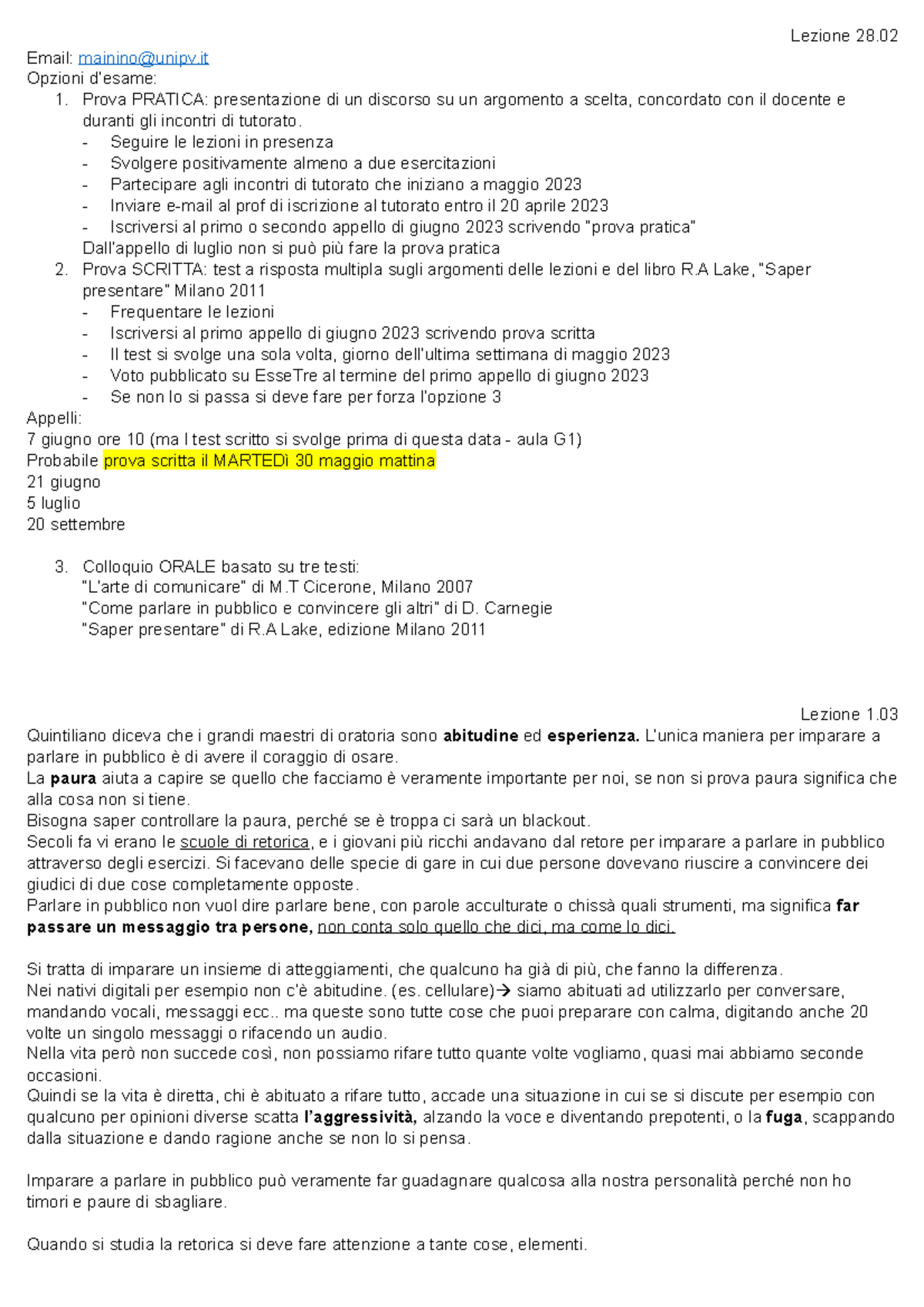 Public speaking e oratoria classica - Lezione 28. Email: mainino@unipv ...