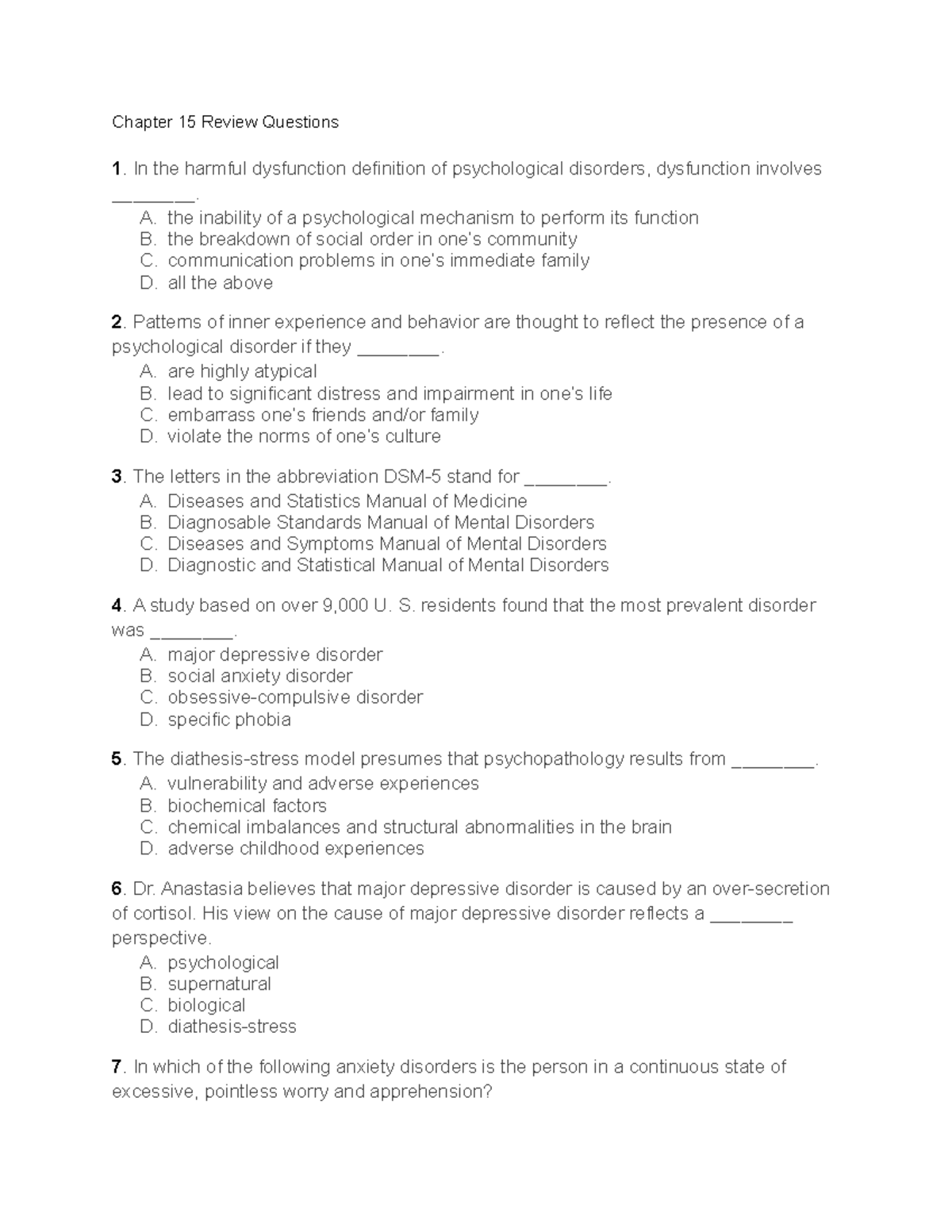 Chapter 15 Review Questions - Chapter 15 Review Questions In the harmful dysfunction definition ...