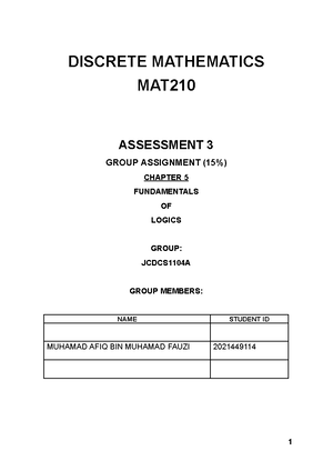 Assesment 3 - mat210 assignment - FACULTY OF COMPUTER AND MATHEMATICAL SCIENCES DISCRETE ...