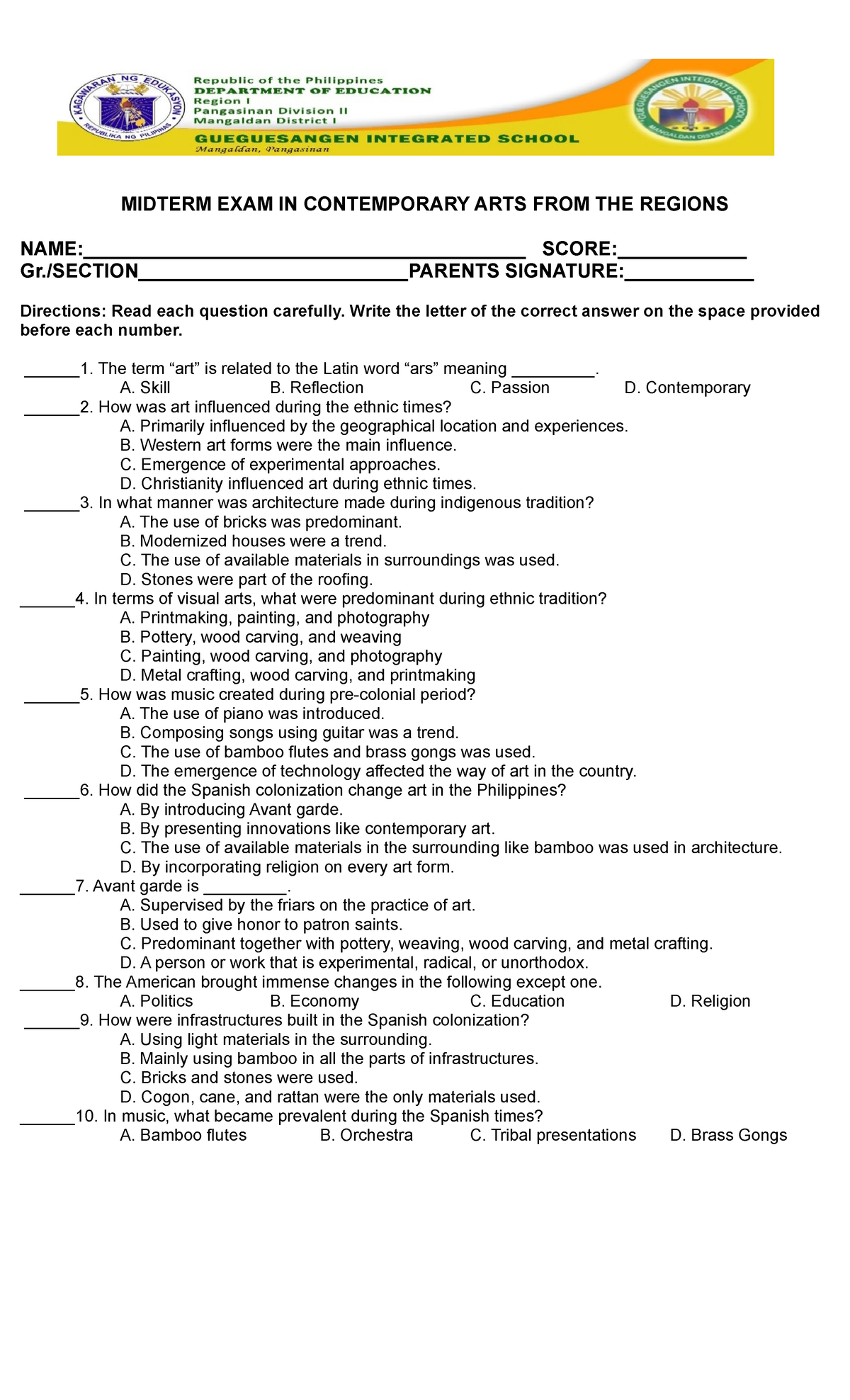 Midterm EXAM IN CPAR - contemporay arts - MIDTERM EXAM IN CONTEMPORARY ...