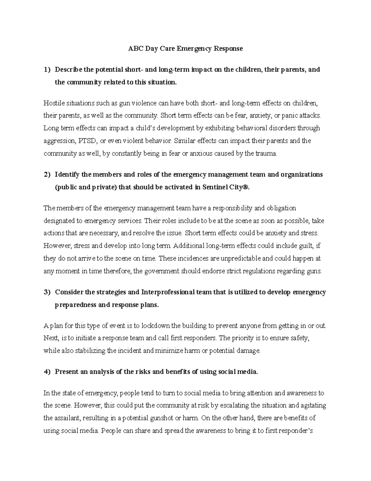 ABC Day Care - ABC Daycare - ABC Day Care Emergency Response Describe ...