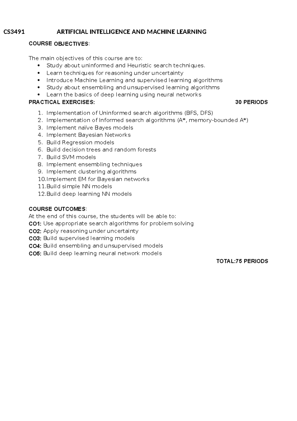CS3491 Artificial Intelligence AND Machine Learning - CS3491 ARTIFICIAL INTELLIGENCE AND MACHINE ...
