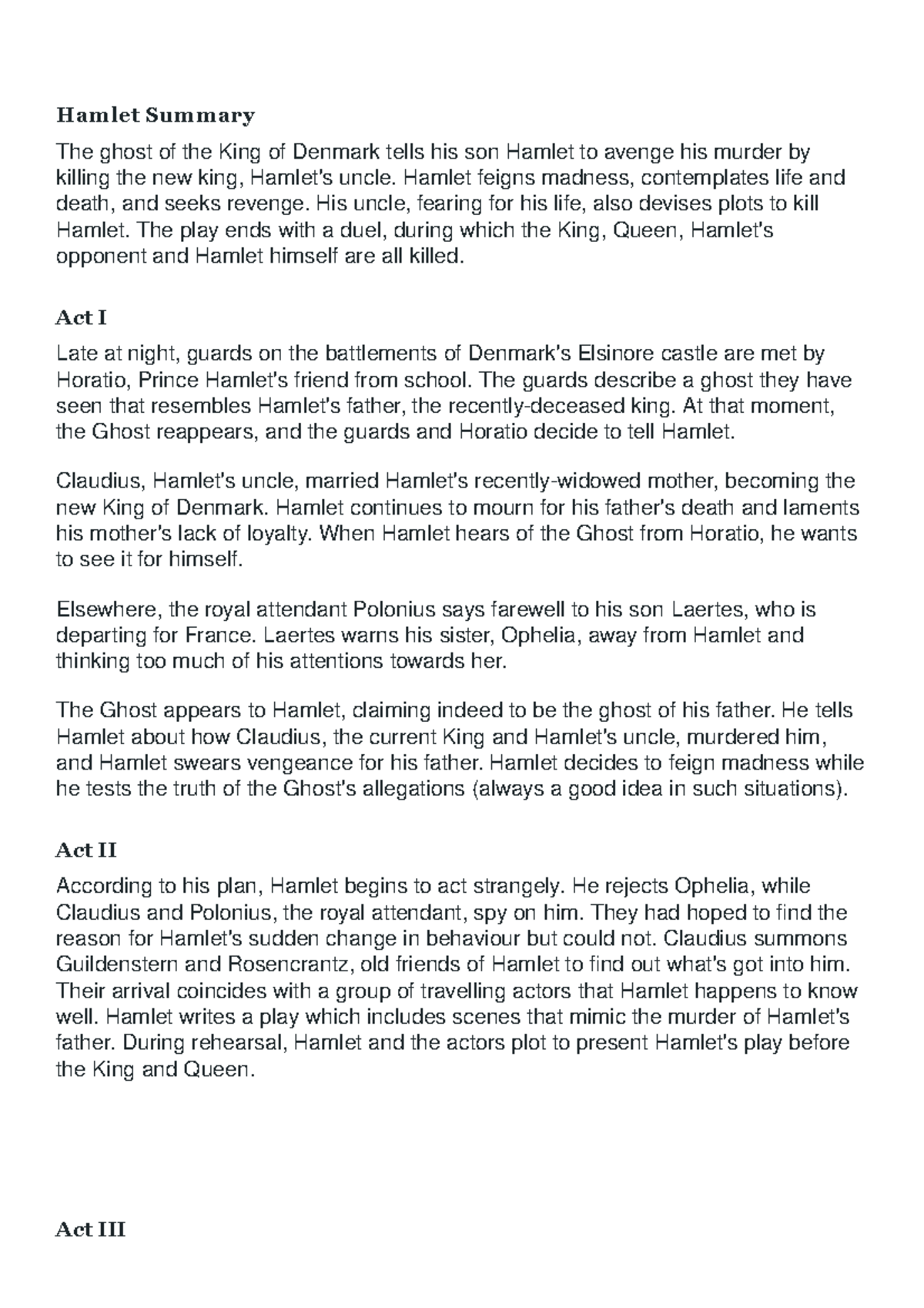 Hamlet Summary - Hamlet Summary The ghost of the King of Denmark tells ...