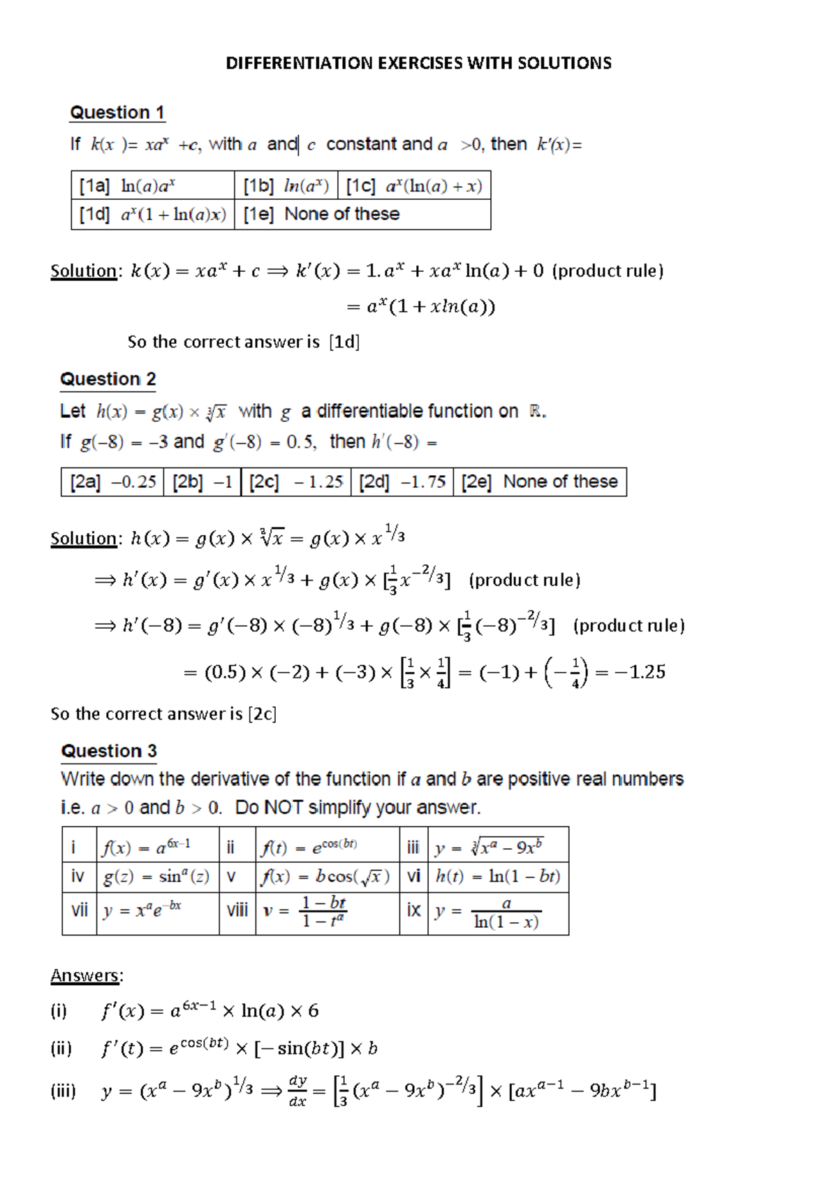 Differentiation Exercises - DIFFERENTIATION EXERCISES WITH SOLUTIONS ...