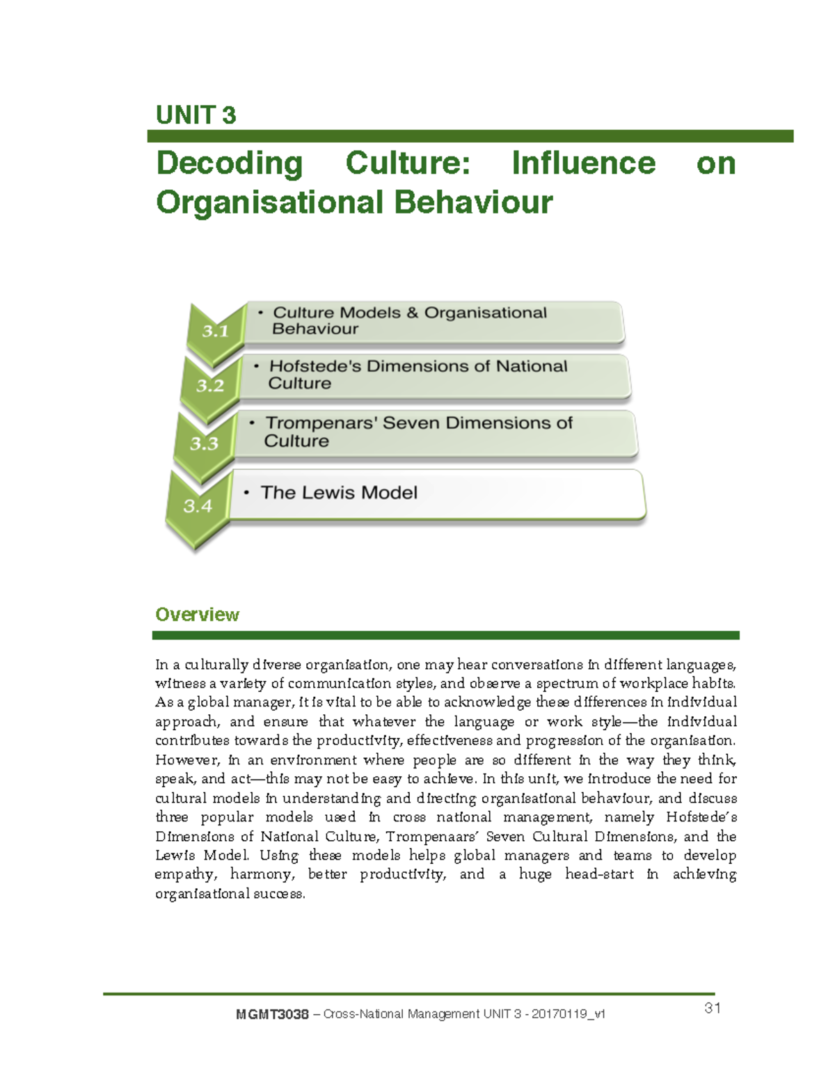 MGMT3038 UNIT 3 - UNIT 3 Decoding Culture: Influence on Organisational Behaviour Overview In a ...