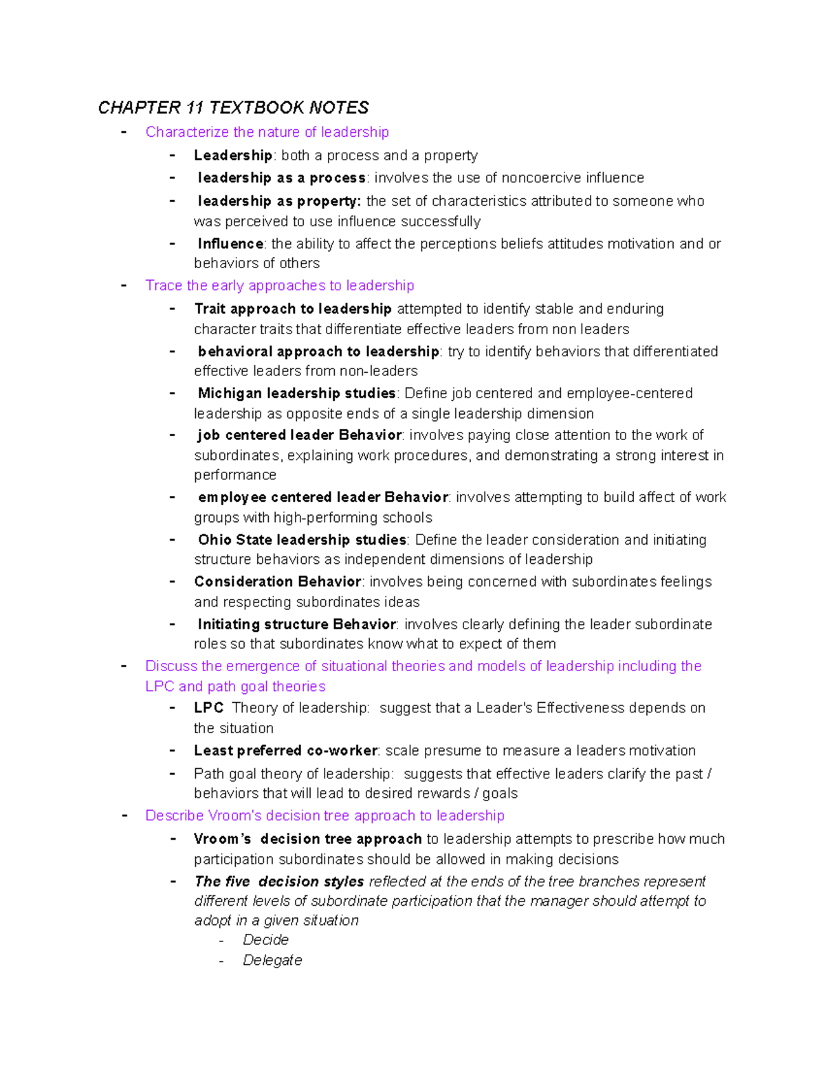 Chapter 11 Notes Leadership - CHAPTER 11 TEXTBOOK NOTES - Characterize ...