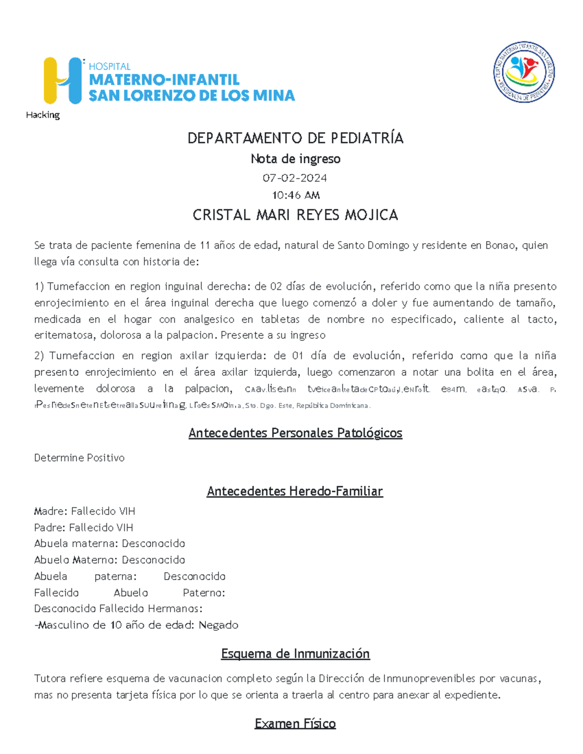 Historia clínica - Hacking DEPARTAMENTO DE PEDIATRÍA Nota de ingreso 07 ...