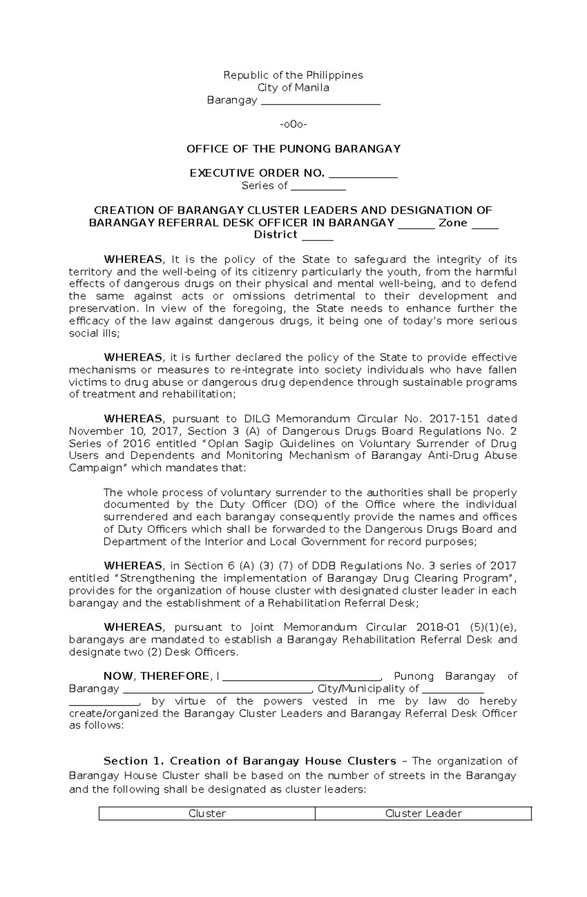 EO Barangay Referral Desk and Cluster - Republic of the Philippines ...