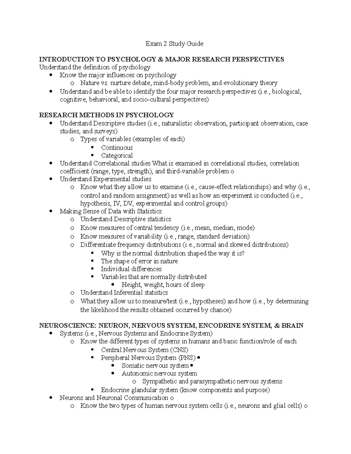 Study Giude Exam 3 - Exam 2 Study Guide INTRODUCTION TO PSYCHOLOGY ...