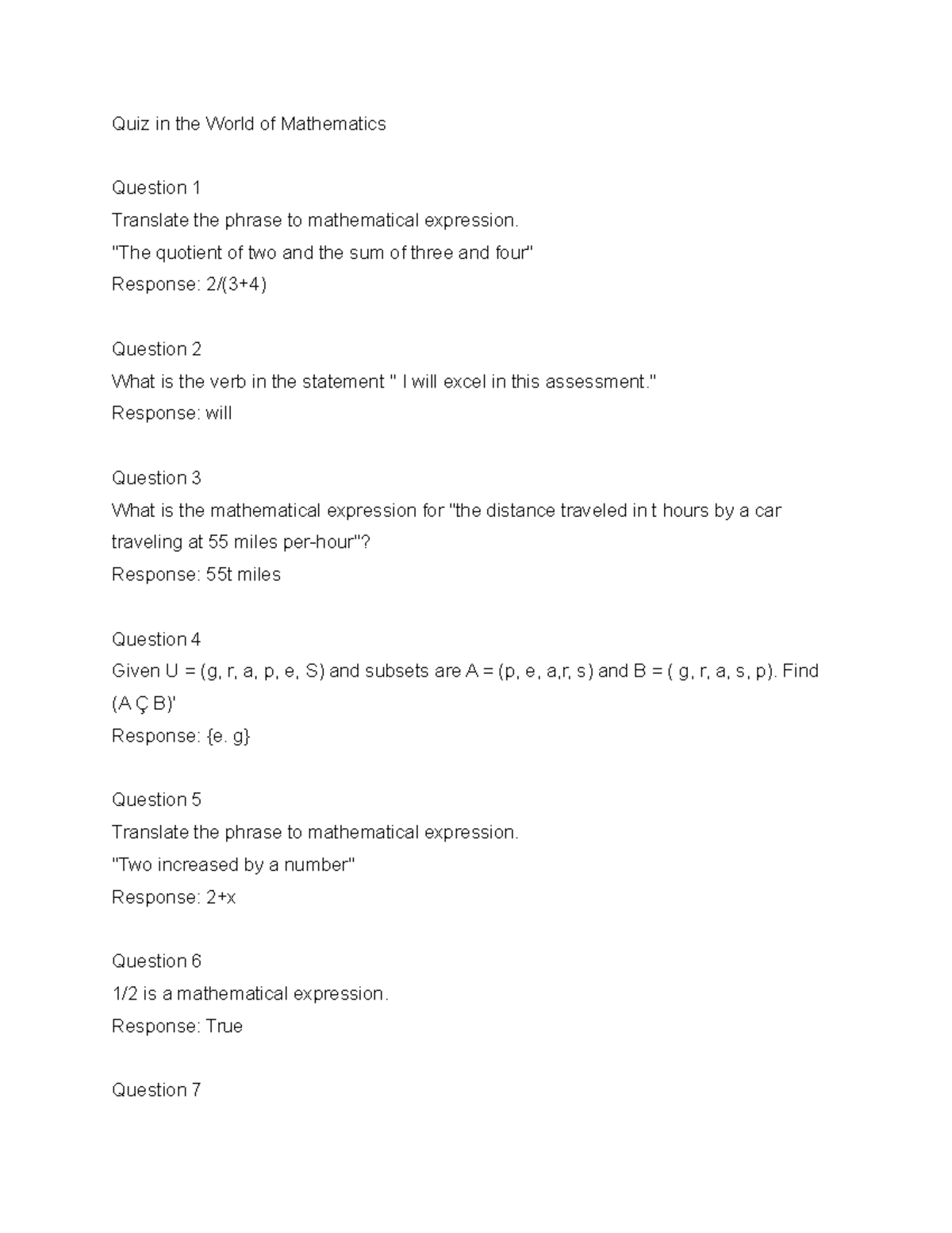 MATH100 - Quiz Type - Quiz in the World of Mathematics Question 1 ...