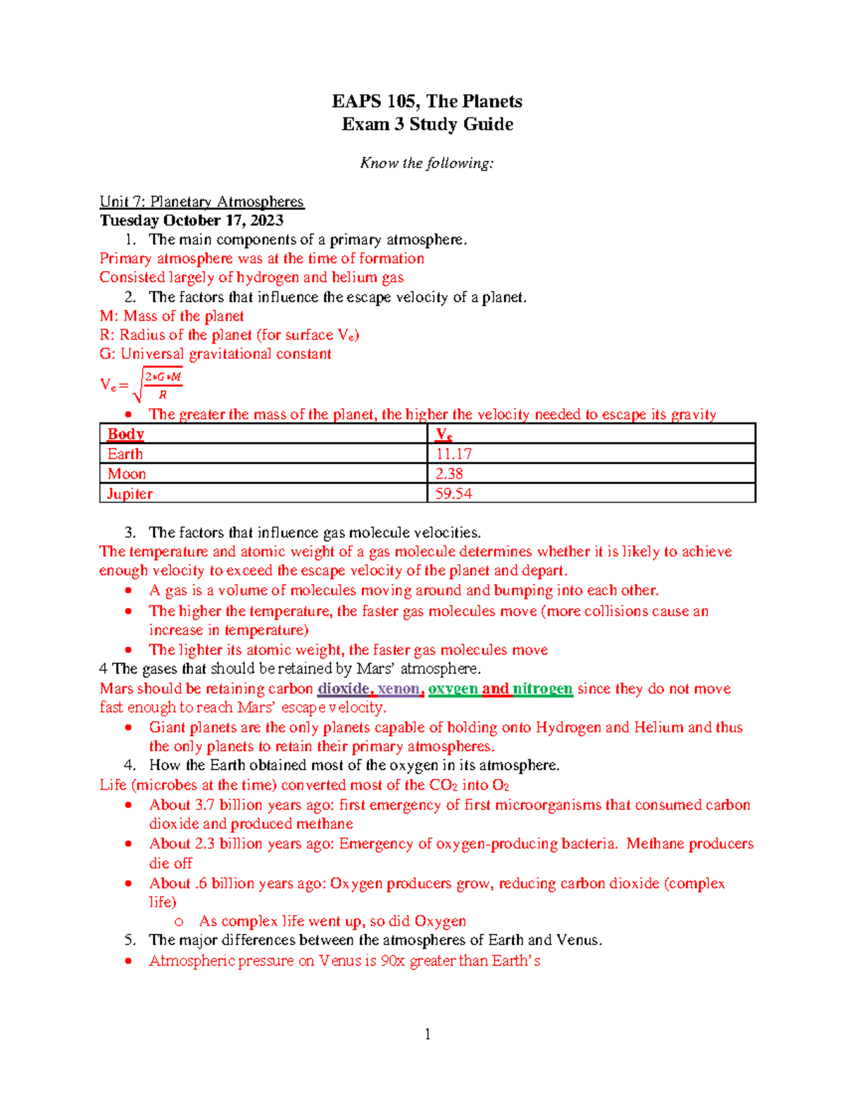 Exam 3 Study Guide - EAPS 10 5 , The Planets Exam 3 Study Guide Know ...