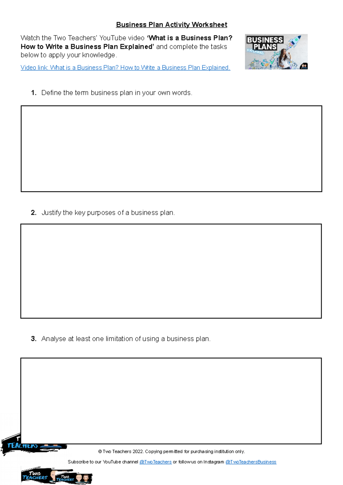Business Plans Activity Worksheet - Video link: What is a Business Plan ...