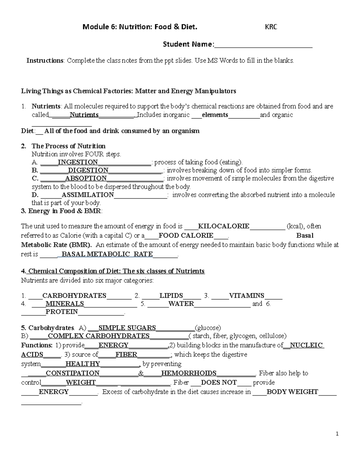 Module 6 Notes 2020 - Module 6: Nutrition: Food & Diet. KRC Student ...