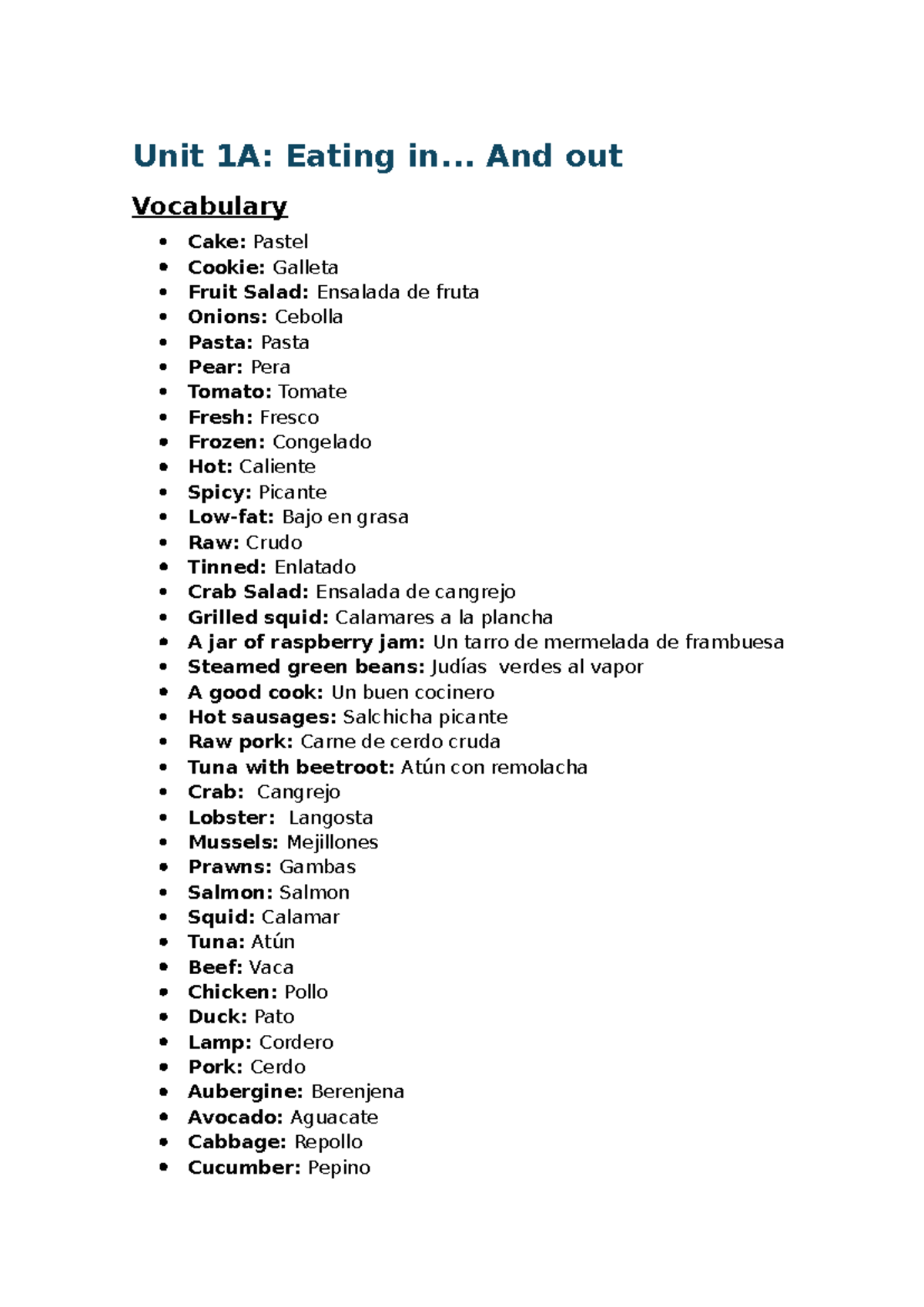 Vocabulario English File B1 - Unit 1A: Eating in... And out Vocabulary ...
