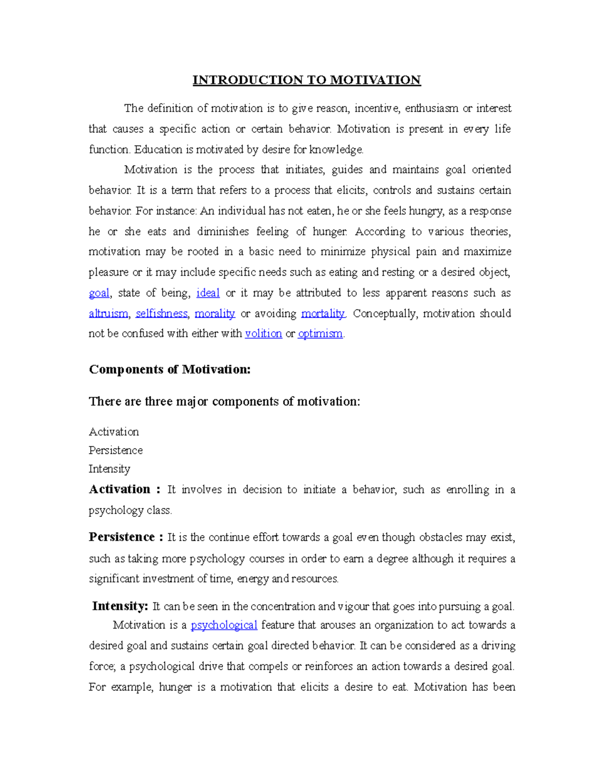 Introduction To Motivation Practices - INTRODUCTION TO MOTIVATION The ...