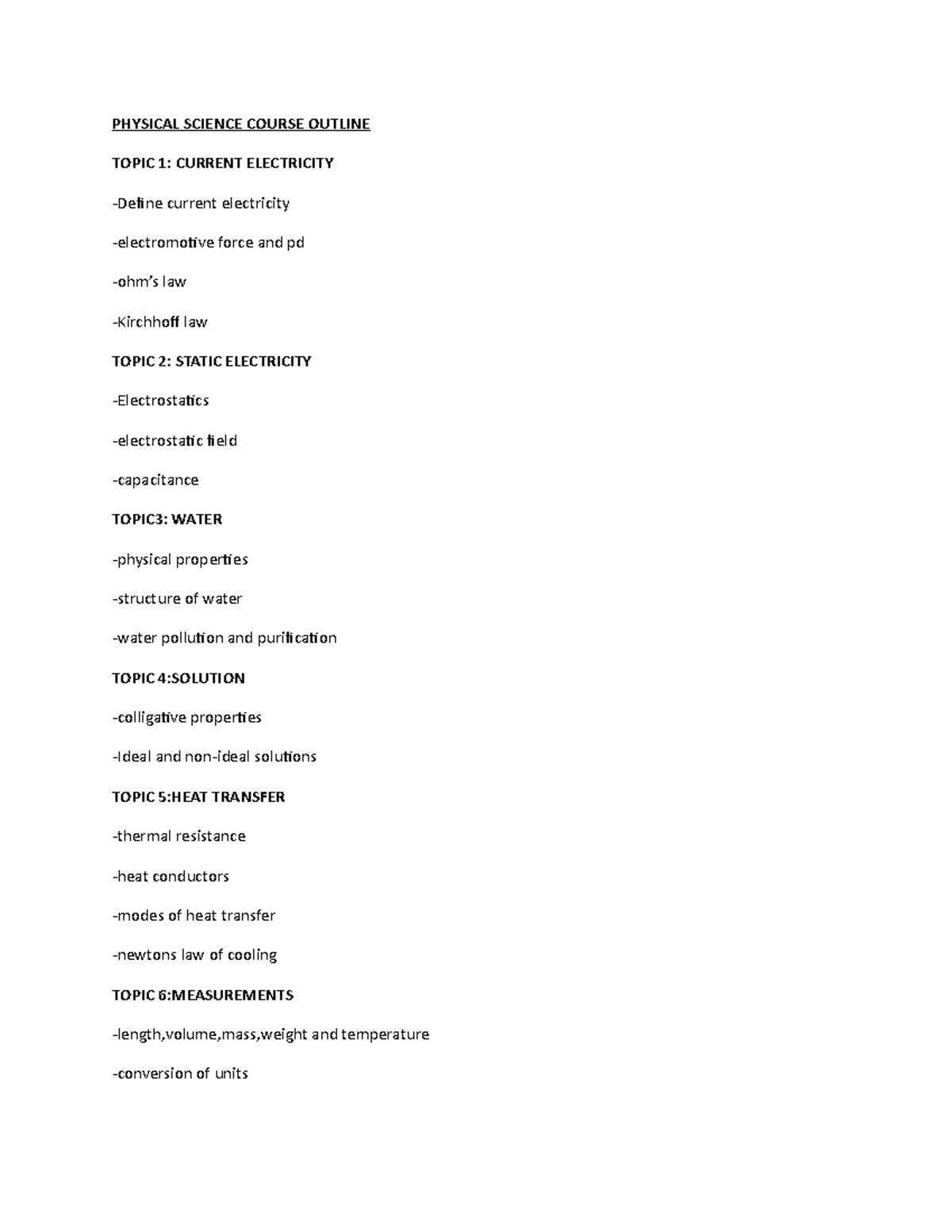 Physical Science Course Outline - PHYSICAL SCIENCE COURSE OUTLINE TOPIC ...