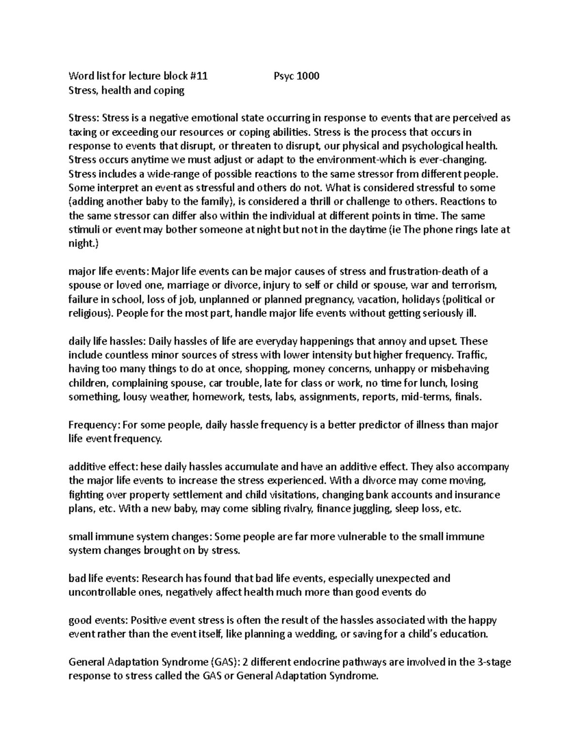 P4 - Lecture notes. - Word list for lecture block #11 Psyc 1000 Stress ...