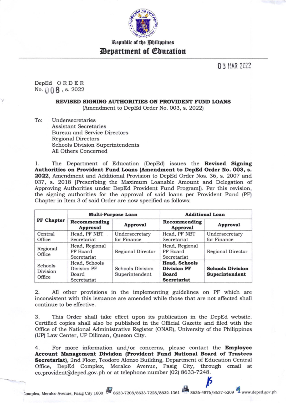 Revised Signing Authorities on Provident Fund Loans (Amendment to Dep ...
