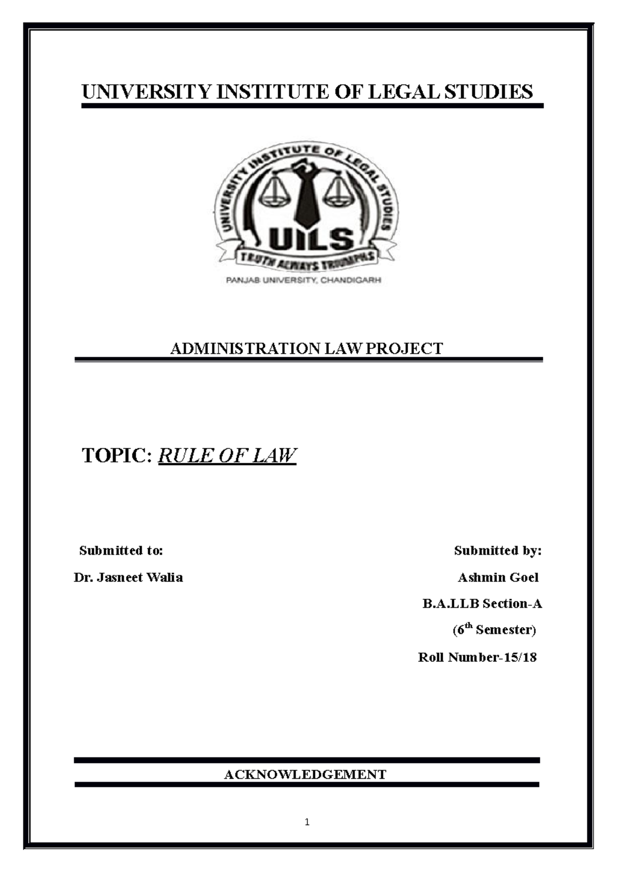 Admin law project- sem-6 - UNIVERSITY INSTITUTE OF LEGAL STUDIES ...