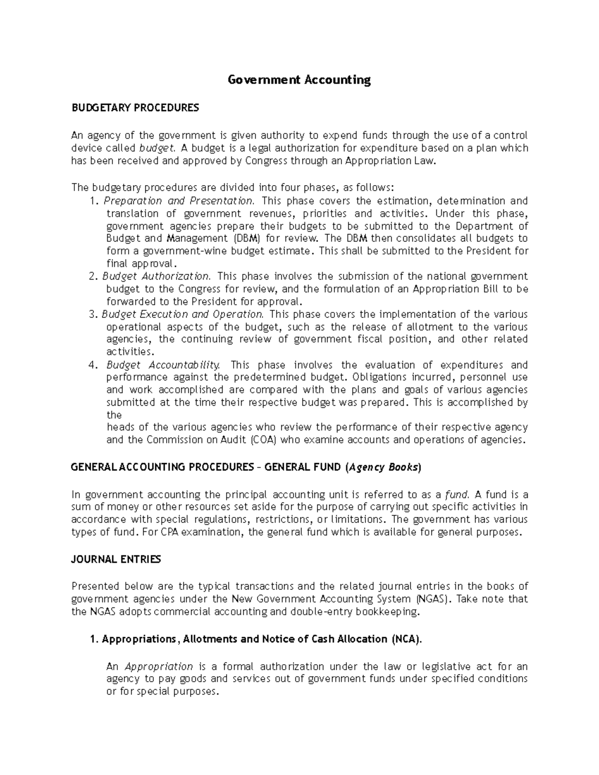 Government Accounting - Government Accounting BUDGETARY PROCEDURES An ...