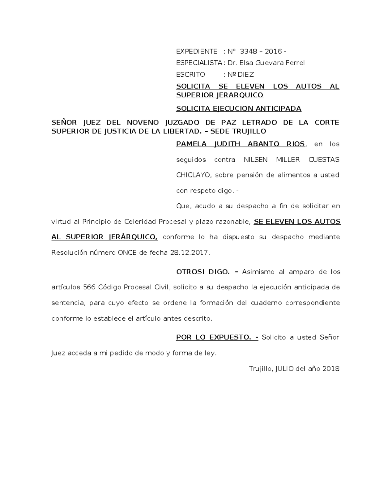 Abanto RIOS - demanda - EXPEDIENTE : N° 3348 – 2016 - ESPECIALISTA : Dr ...