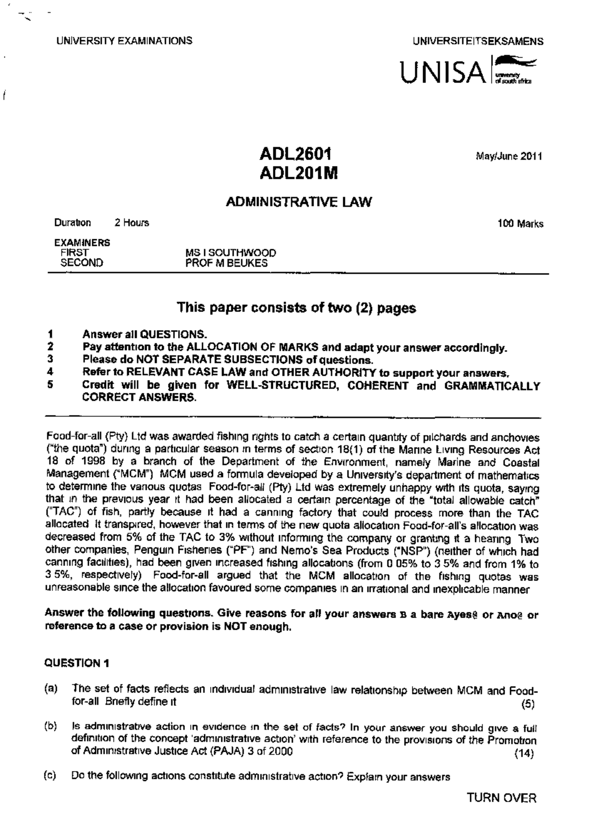 ADL2601 2011 6 Examination past paper. - ADL2601 - Studocu