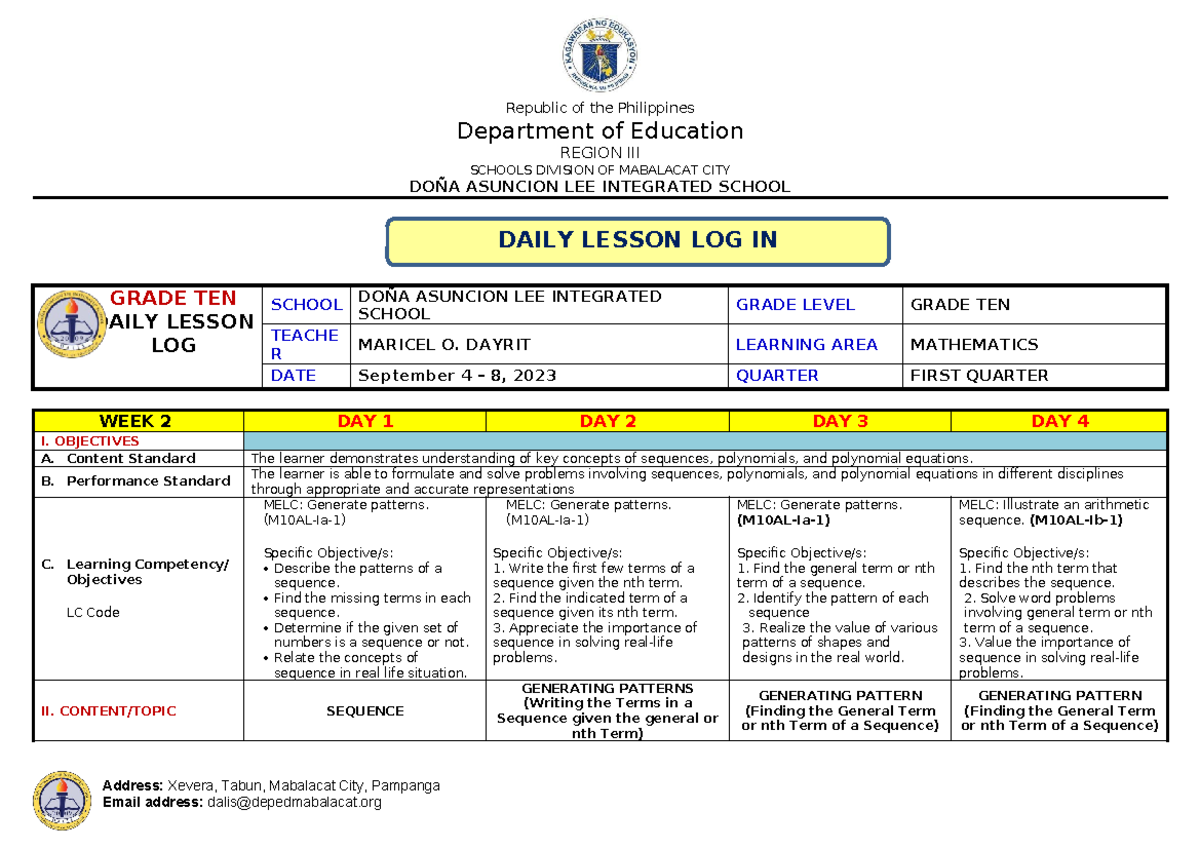 Q1 week 2 MATH 10 DLL S - Daily Lesson Log on Sequence - Address: Xevera, Tabun, Mabalacat City ...