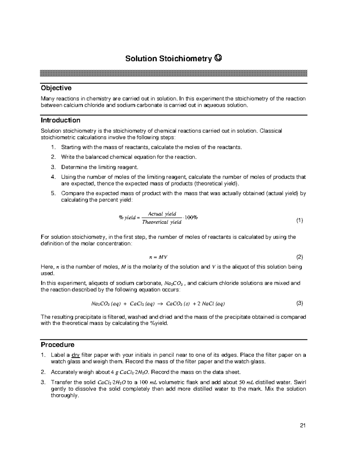 NYA Exp03 - Solution Stoichiometry - 21 Solution Stoichiometry ☺ Objective Many reactions in ...